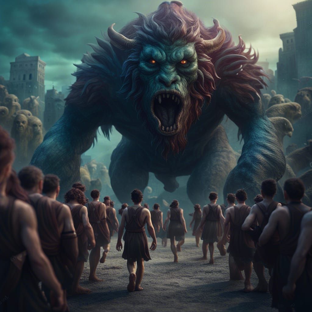 A young mythological greek monster, walking towards a group of other ...