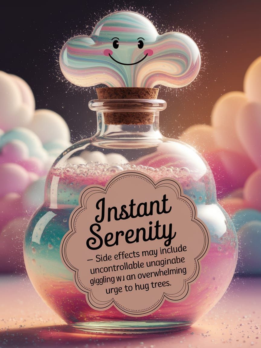 A bubbling potion labeled "Instant Serenity - Side effects may include ...