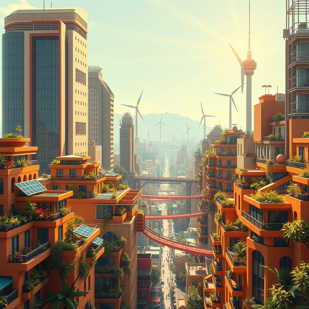 Futuristic, dystopian cityscape with solar-paneled houses and rooftop ...