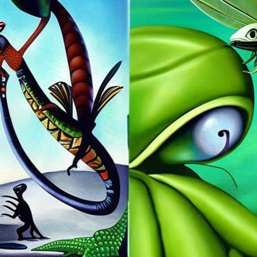 An alien lizard fights a giant dragonfly larva under a portrait of an ...