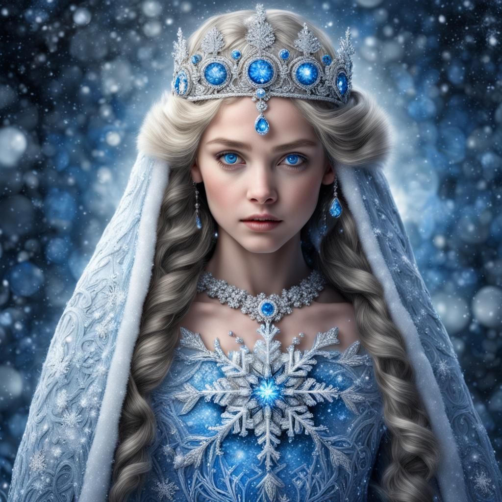 a young goddess with straight white and blue eyes wearing an ice, snowflake and snow royal gown ...
