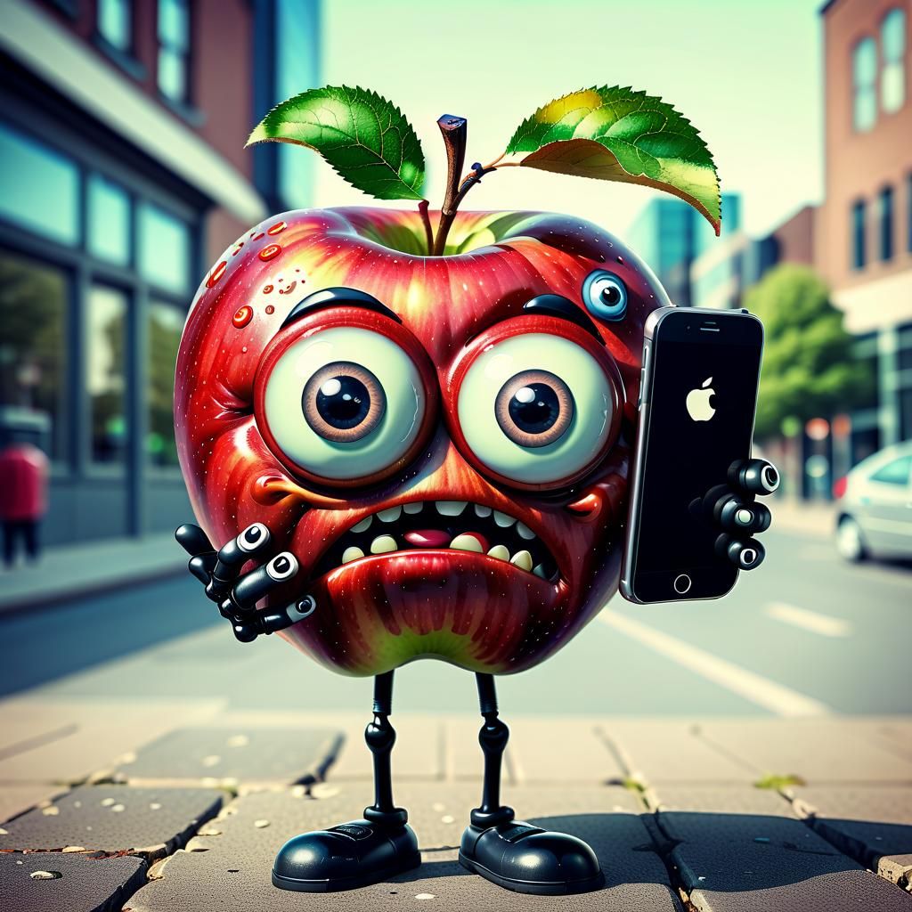 An apple with googly eyes holds a smartphone in his right llhand. Comic ...