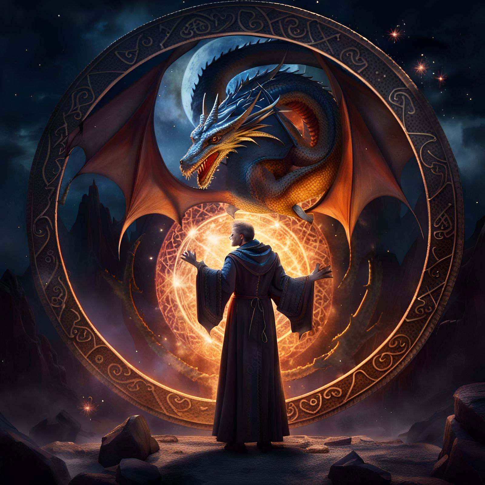 medieval magician summoning a magnificent dragon - AI Generated Artwork ...