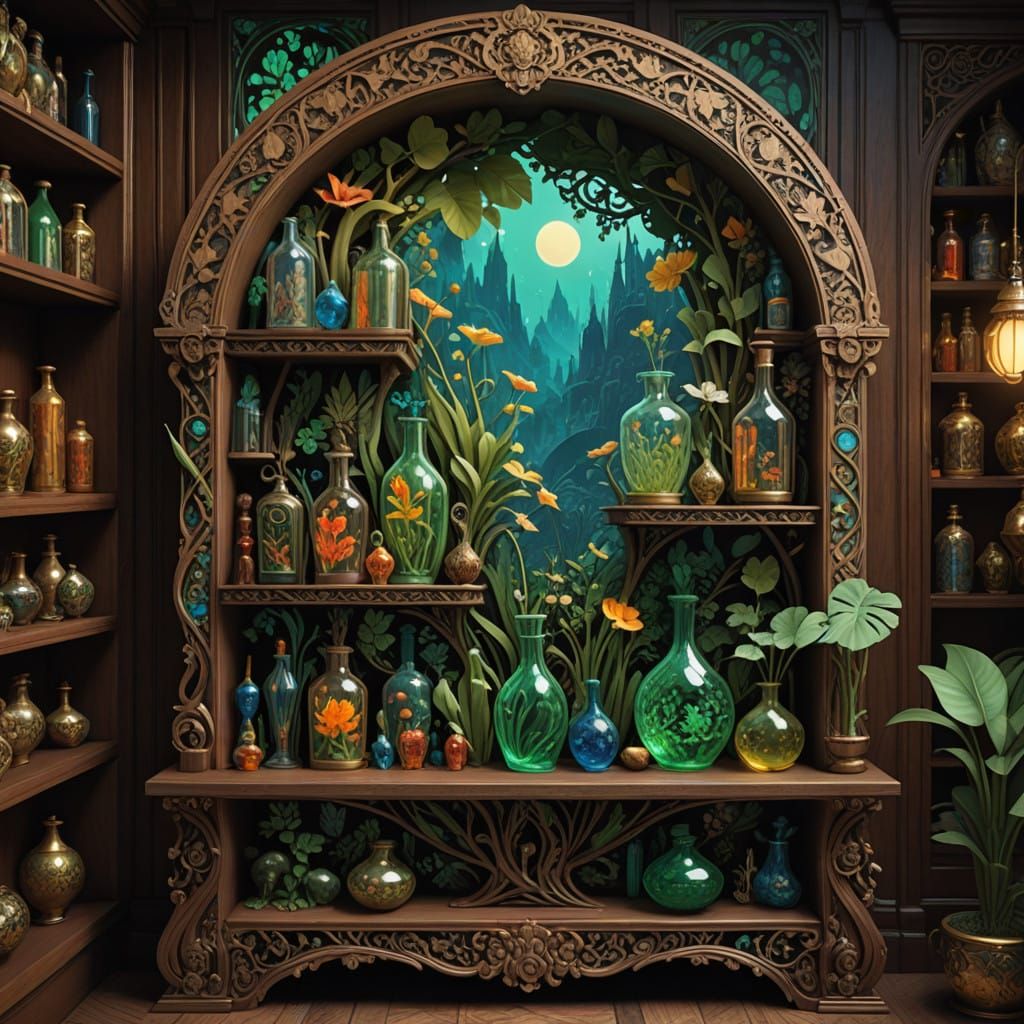 Ornate Fantasy Shelf with Glowing Art Nouveau Bott... - AI Art