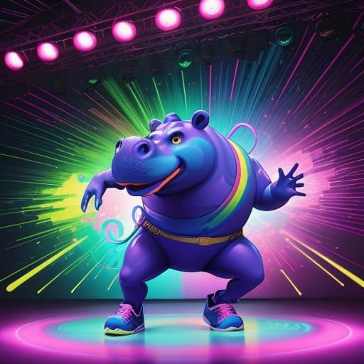 Hip Hop Hippopotamus Grooves on a Neon Dance Floor - AI Art