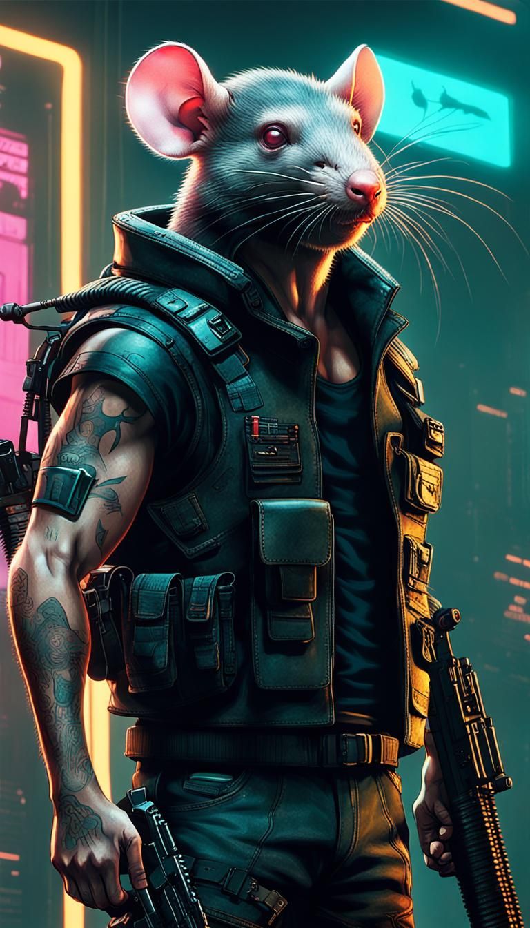 image of a Humanoid Rat with a human face with buff arms holding an assault rifle and a ...