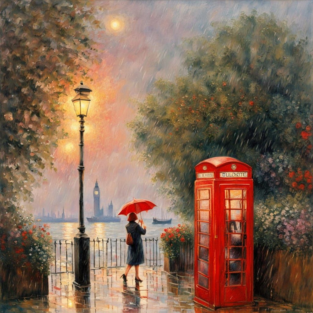 Impressionist London Scene with Red Phone Booth an... - AI Art