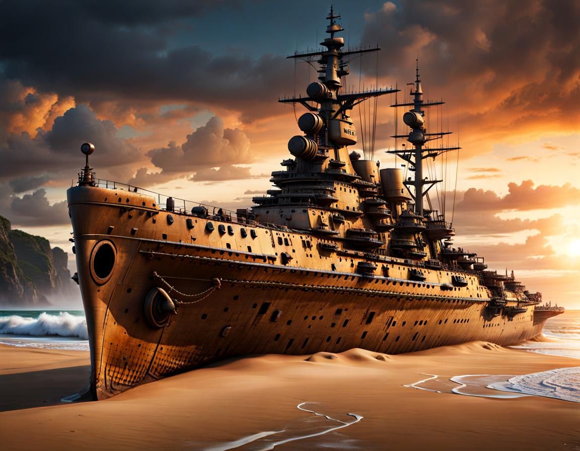 old rusty german battleship half covered by sand on the beach during ...