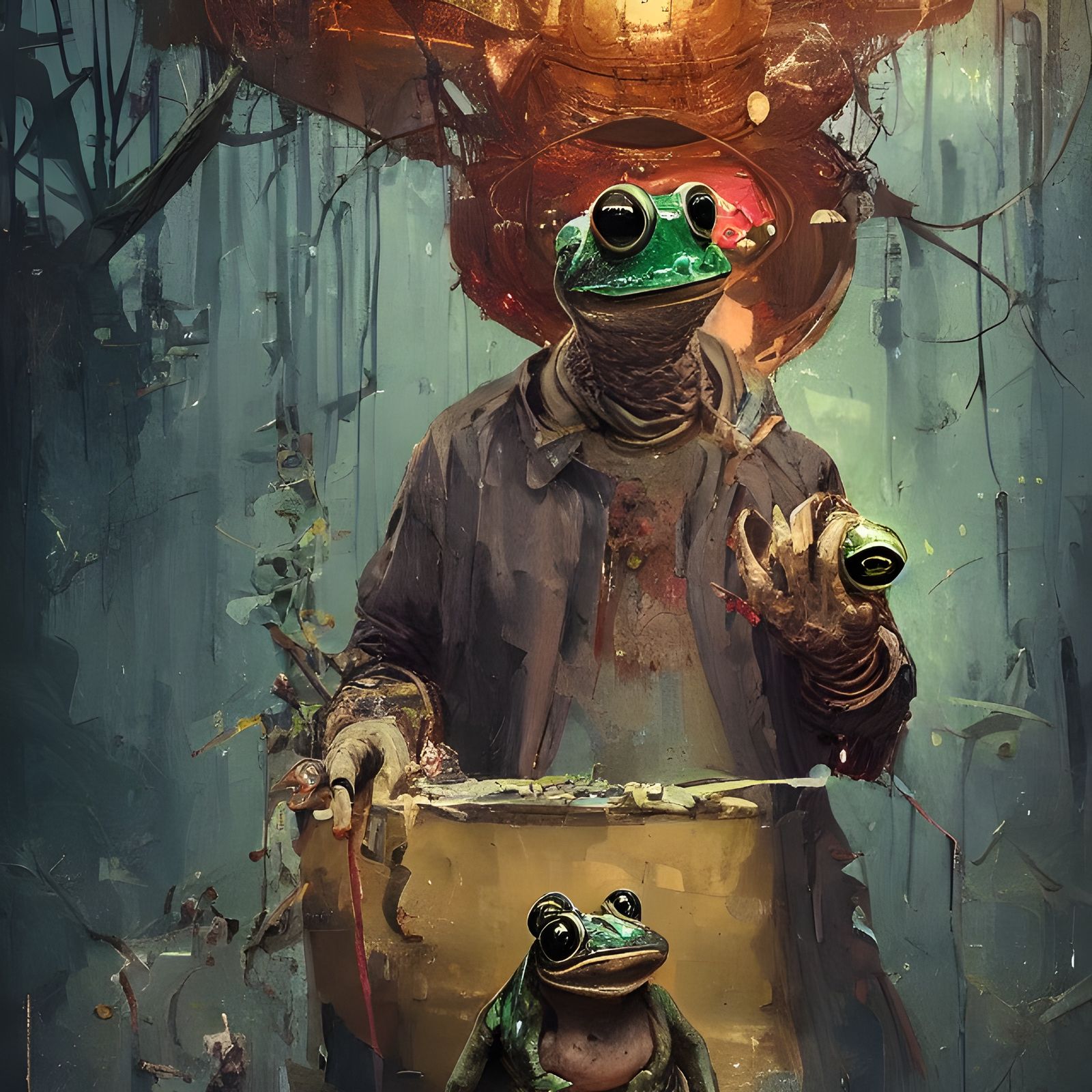 "the portrait of a magic alchemist with a frog mask, an intricate and ...
