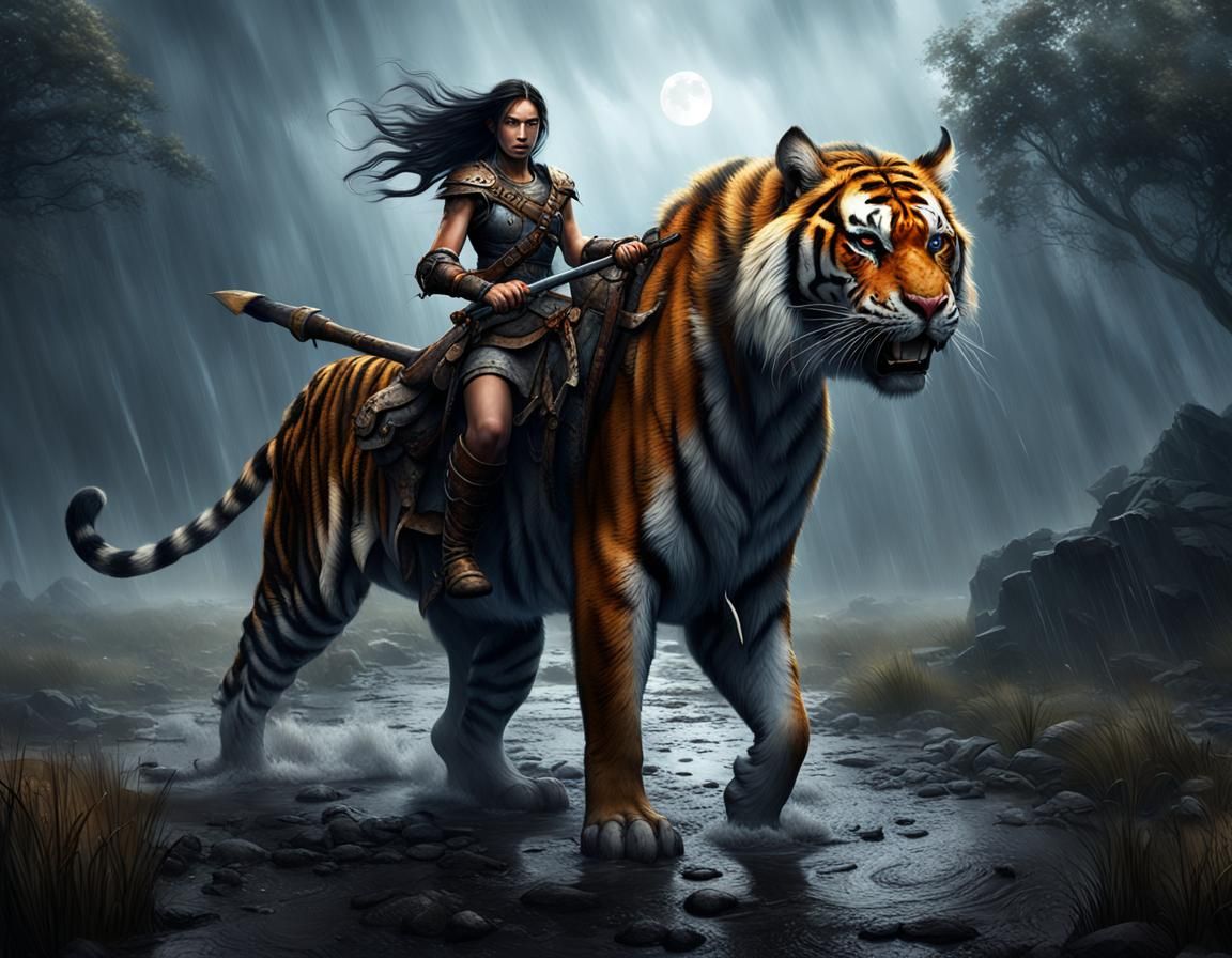 girl ride tiger, teenager, slim, long black mane of hair, barbarian ...