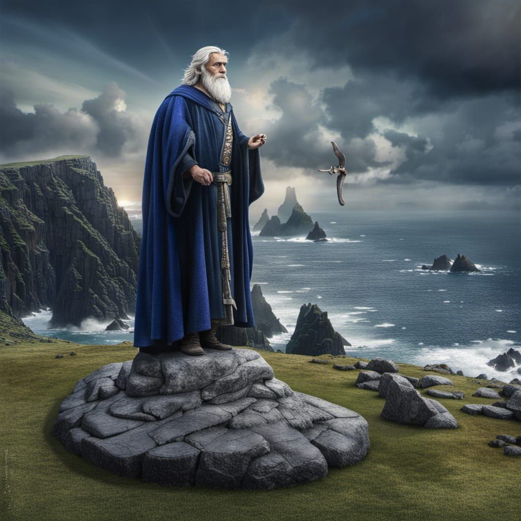 tall Merlin standing on a large stone made of Lapis Lazuli, performing ...