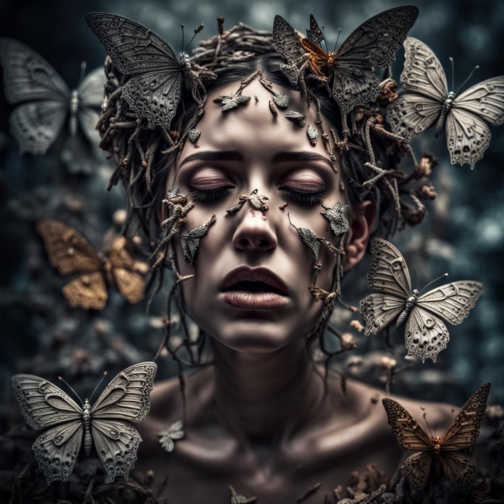 a butterfly goddess in pain sad frustration heart broken - AI Generated ...