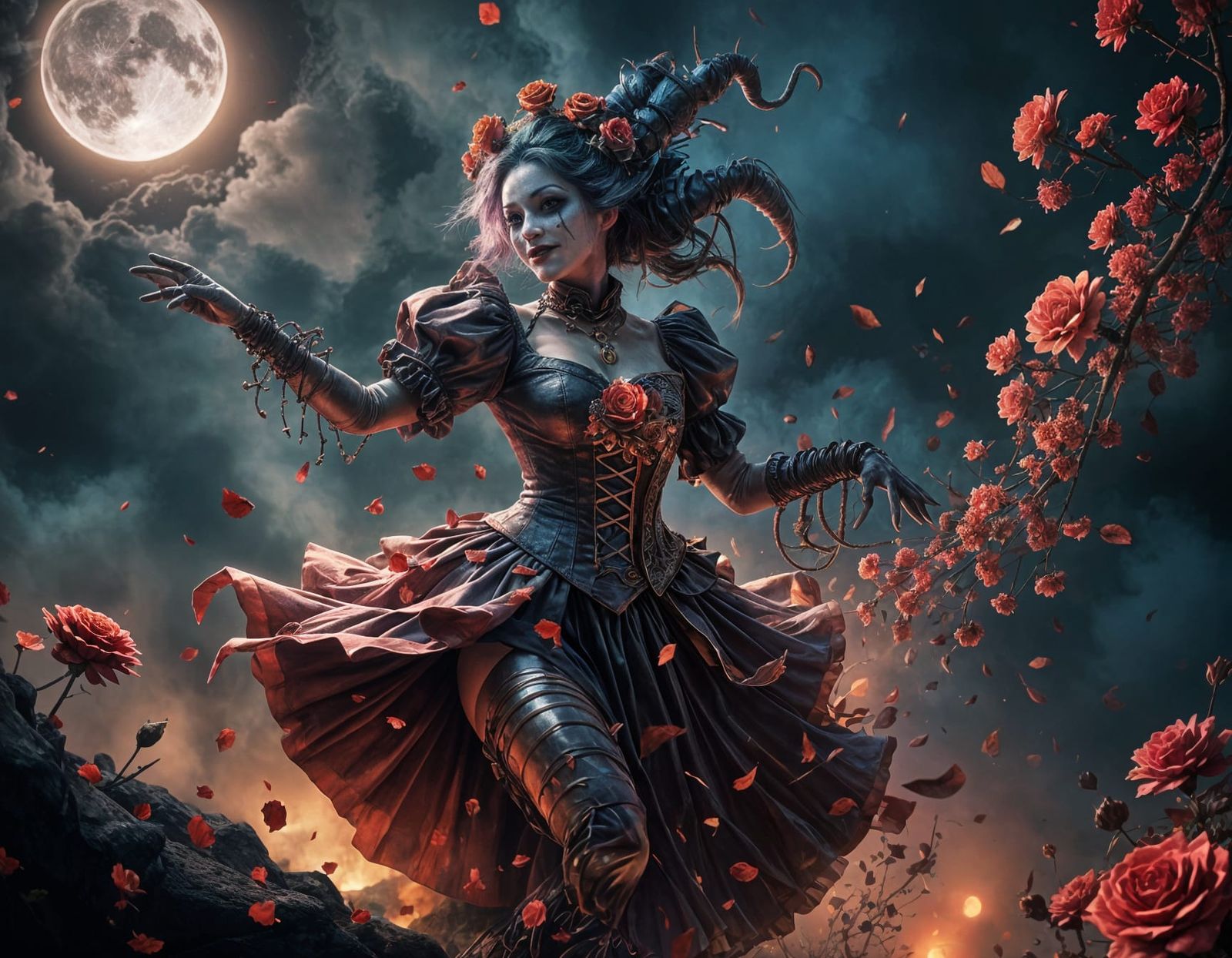 Roses - Steampunk Jester Dances with Sakura and Roses in Dar...