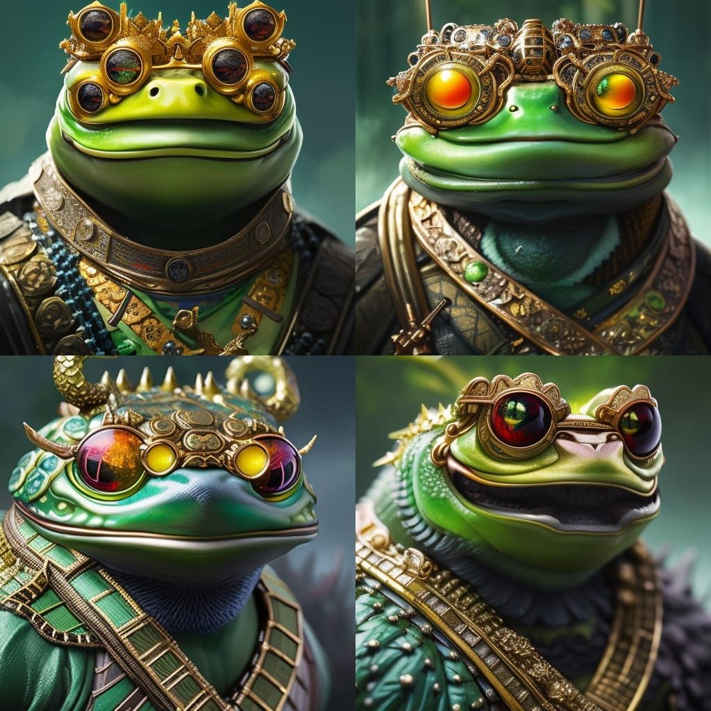 A noble frog king wearing green sunglasses: Intricately detailed liquid ...