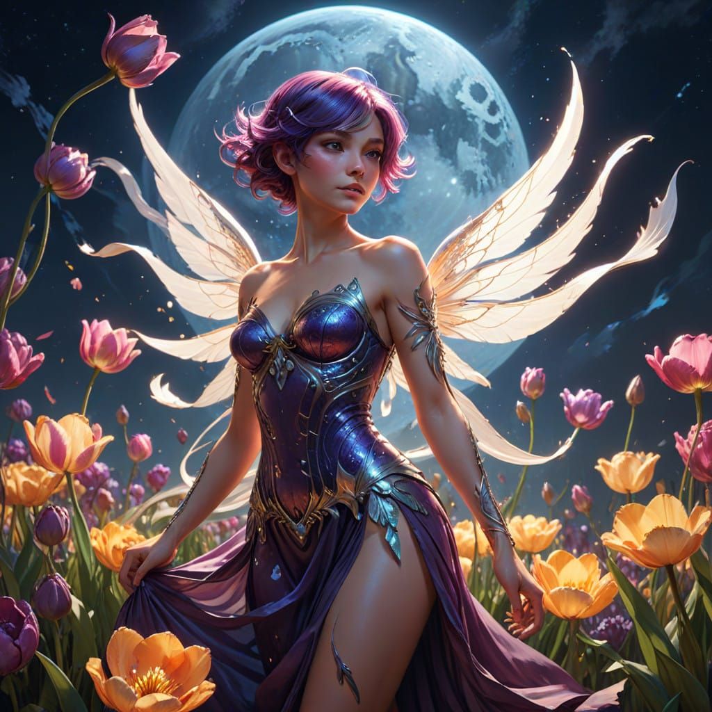 Ethereal Pixie Amidst Celestial Tulips Under a Ful... - AI Art