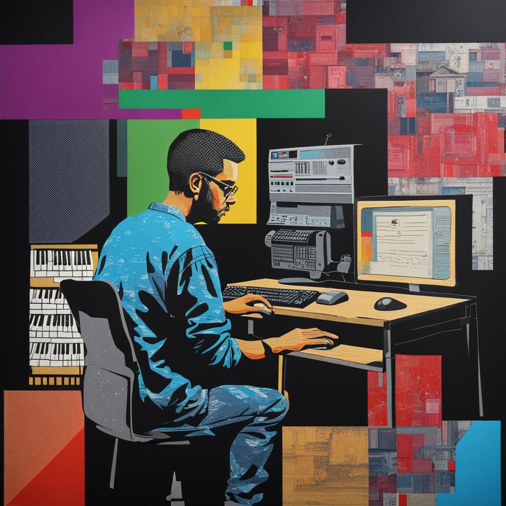 a mixed media patchwork portrait of a computer programmer using the ...