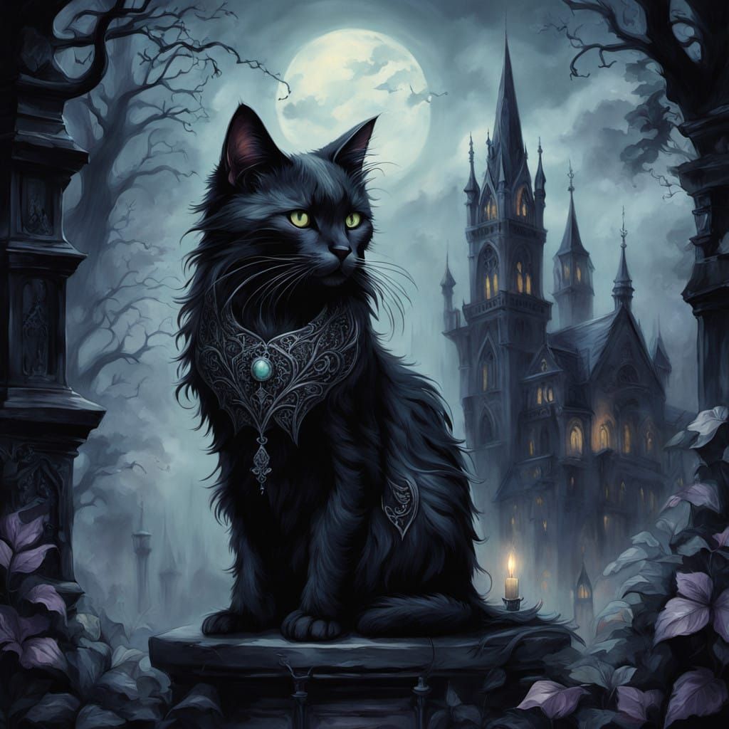 Ethereal Goth Cat Amidst Velvet Altar and Flickeri... - AI Art