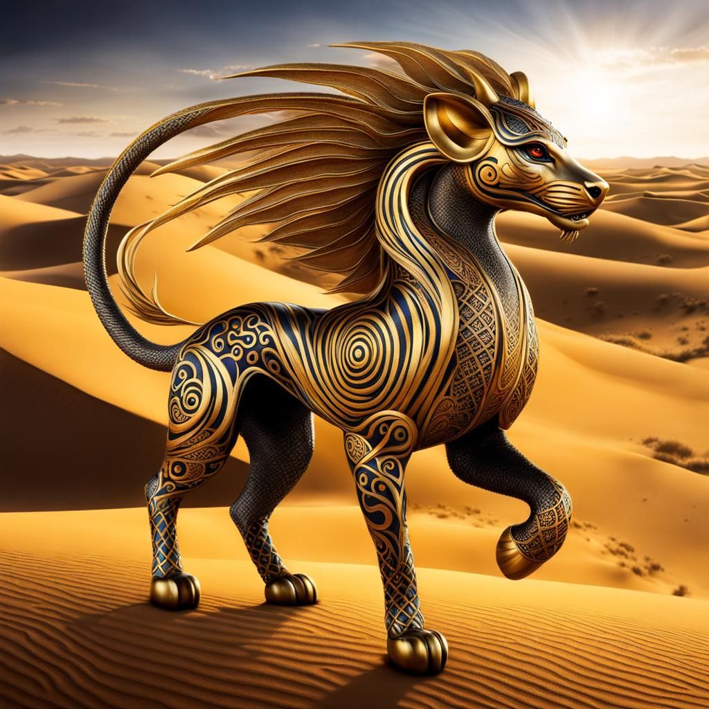 Desert chimera, a mythical creature roaming the golden dunes; its ...