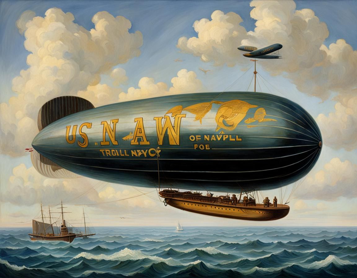 An oil painting of a US Navy zeppelin circa 1922 floating above the ...