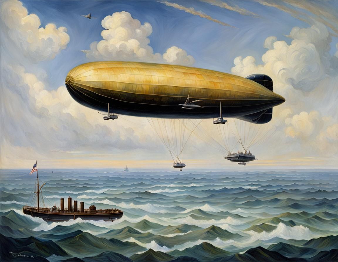 An oil painting of a US Navy zeppelin circa 1922 floating above the ...
