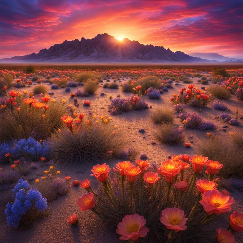 Sunrise on the Mojave desert in full, vibrant spring flowers blooming ...