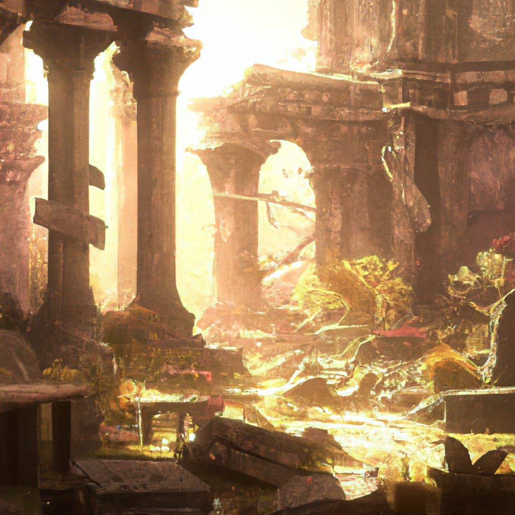 Ruined pantheon, wild hills, archways, sunlight