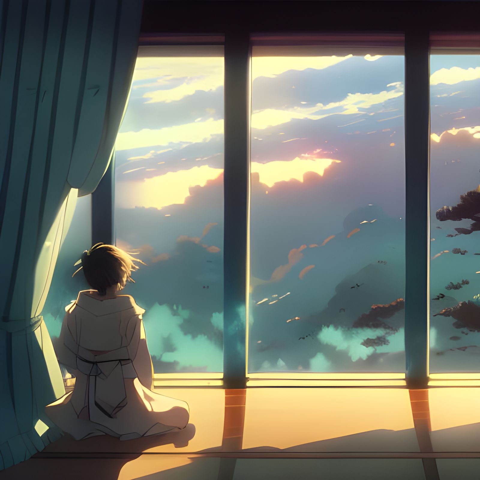 Girl with japnese robes blue sitting on chair looking out of window ...