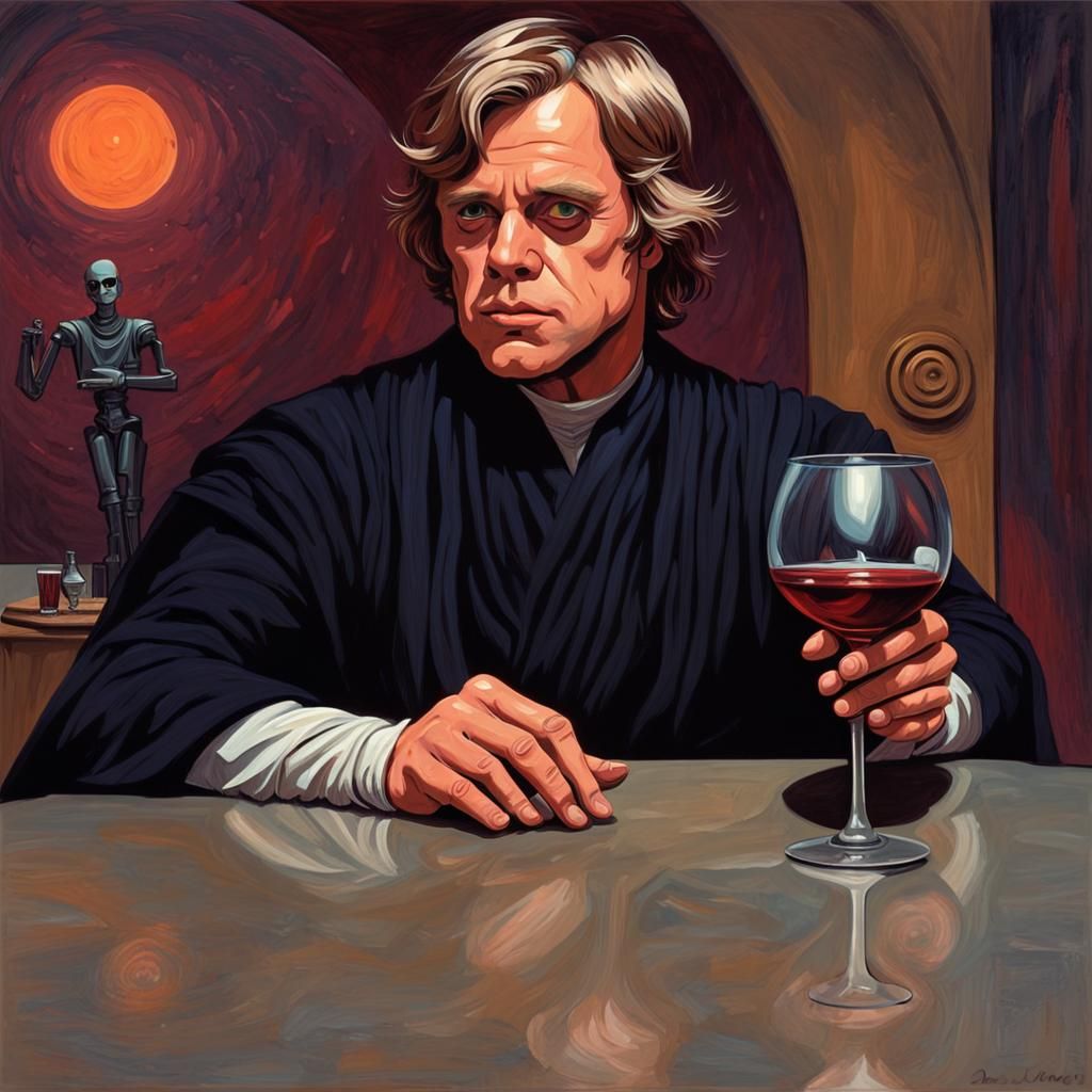 Luke Skywalker With A Glass Of Wine In His Hand Sitting At A Table In luke-skywalker-with-a-glass-of-wine-in-his-hand-sitting-at-a-table-in