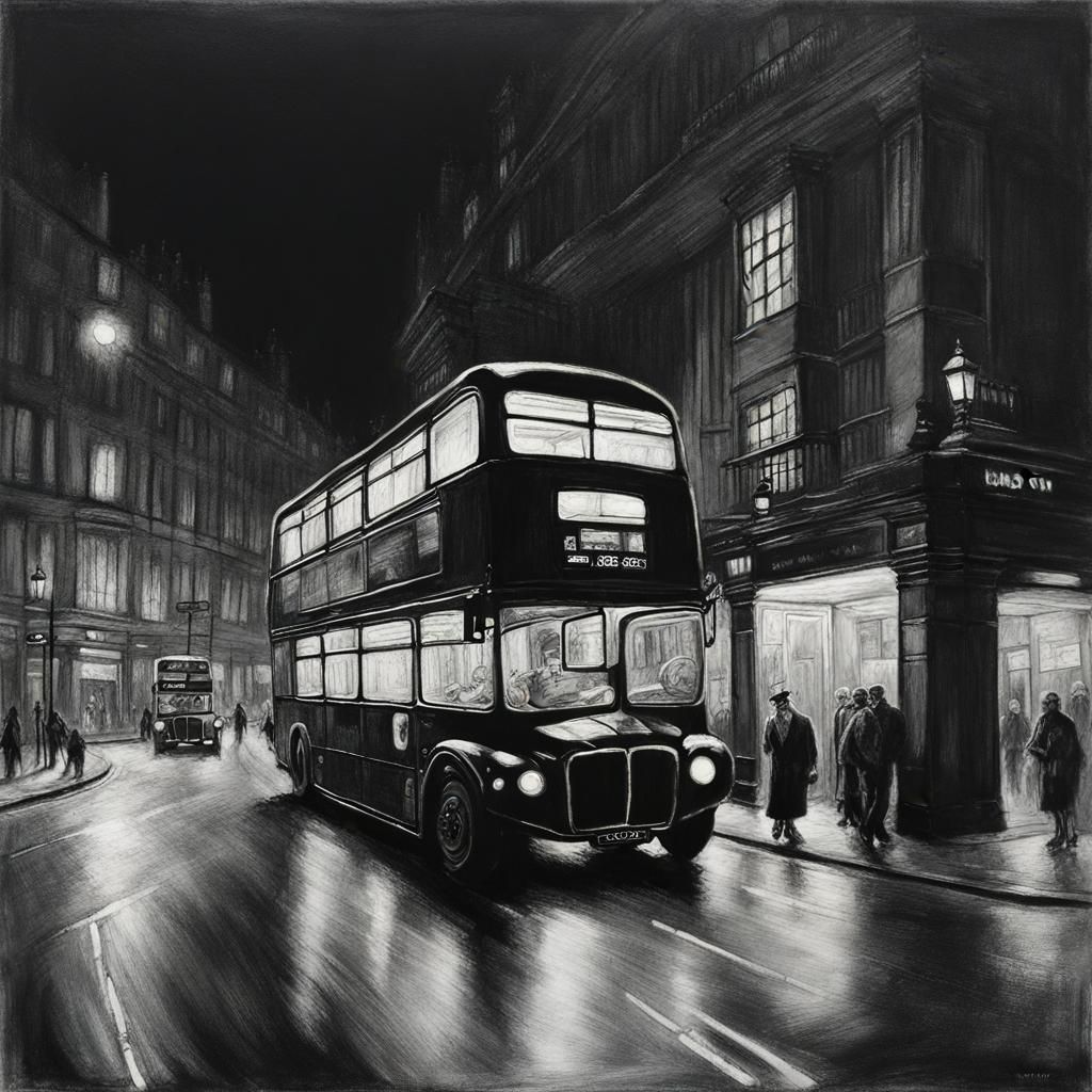 London street in the middle of the night with a London bus and passers ...