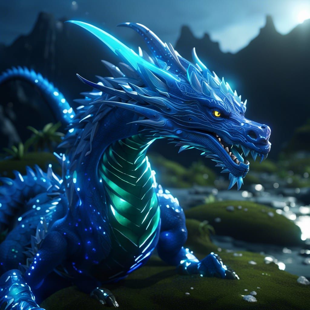 blue reflective dragon ,cascading blue lightning ,magnificent detailed shiny 3d crisp , ,unreal ...
