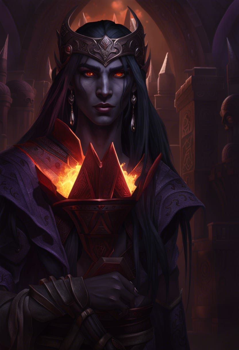 a handsome drow dark elf, long straight dark hair, three red eyes ...