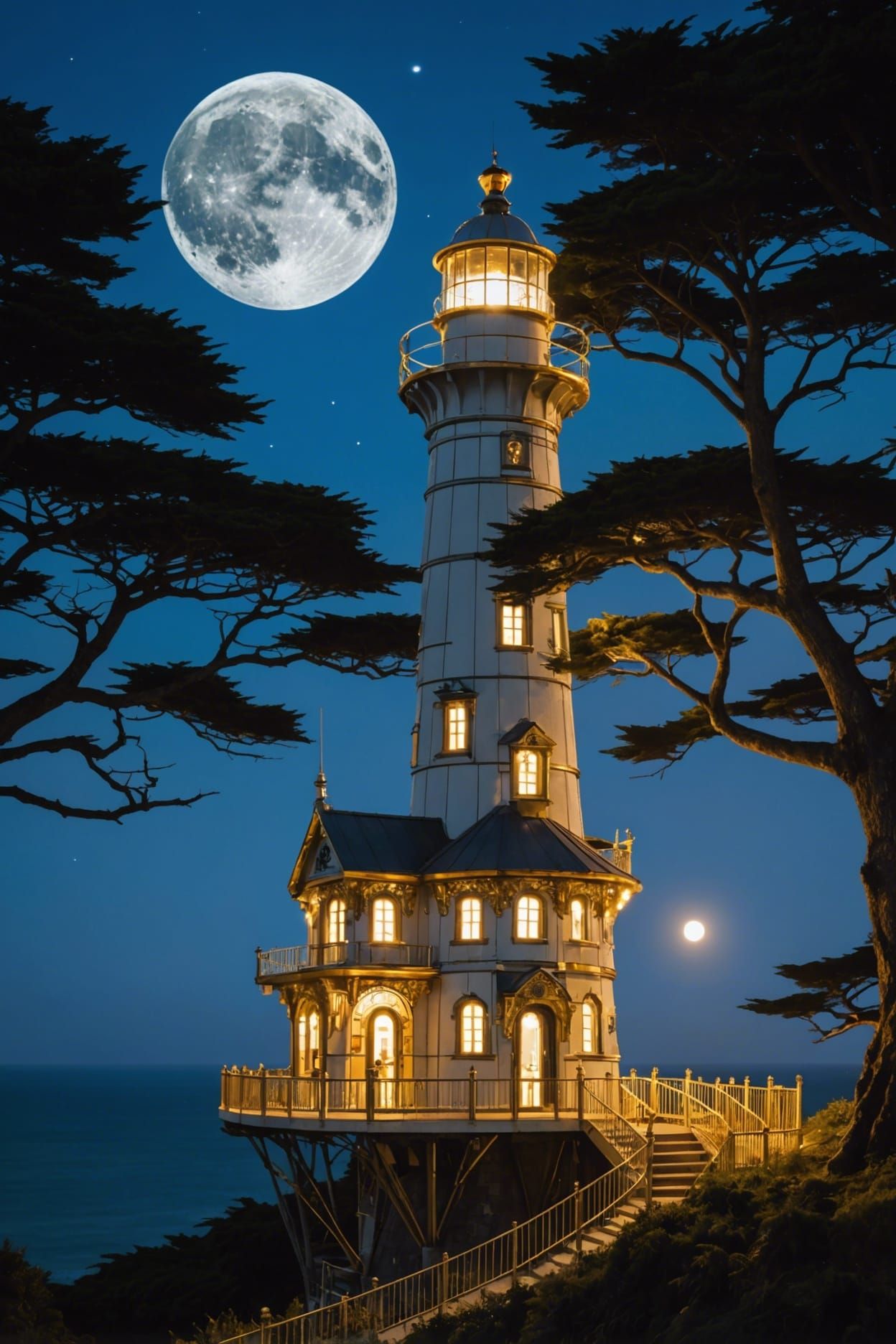 A lighthouse treehouse, elaborate and ornate, art deco style, gilded with silver, visitors happy ...