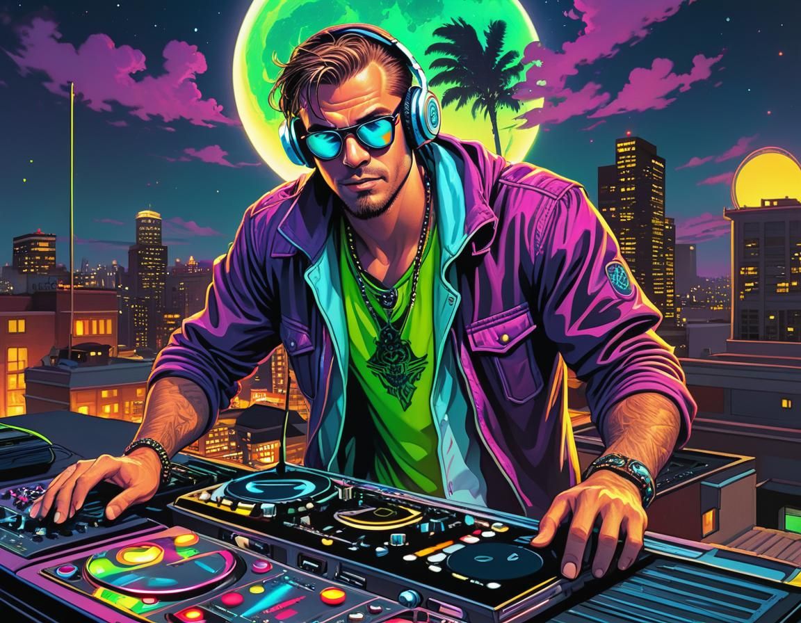 Rooftop DJ - Moody Raver DJ Under Moonlit Rooftop Pool