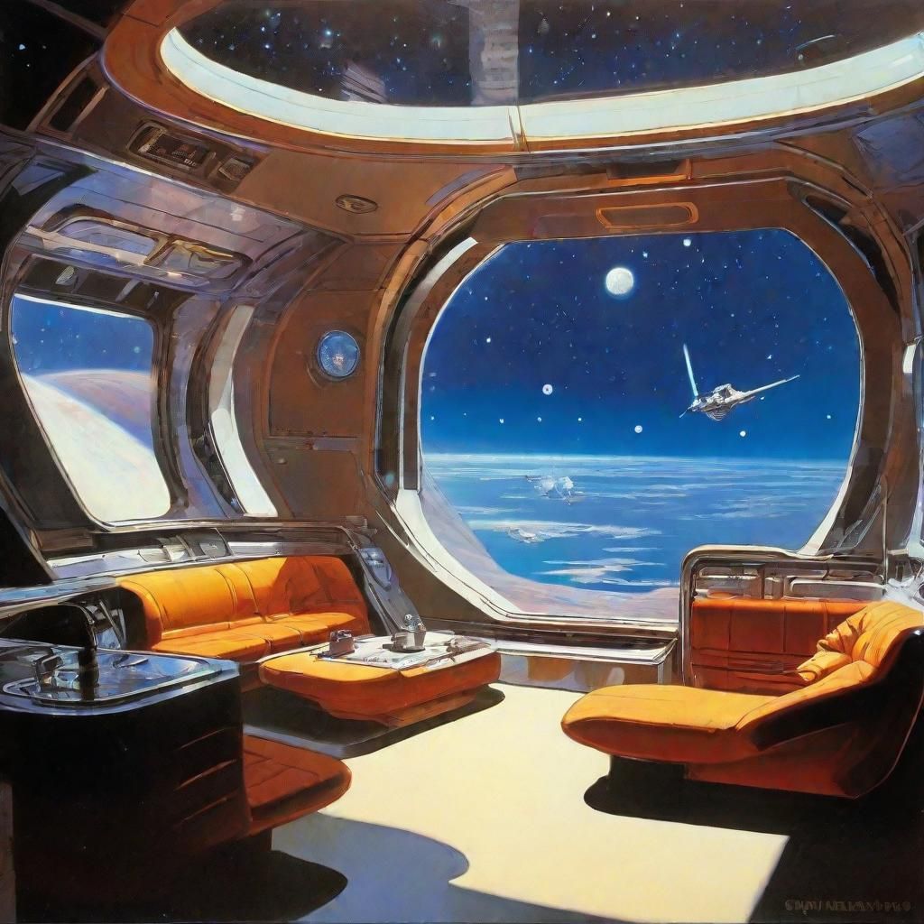 16k resolution, art by Syd Mead, Chris Foss. Zero-gravity living quarters, astronauts floating ...