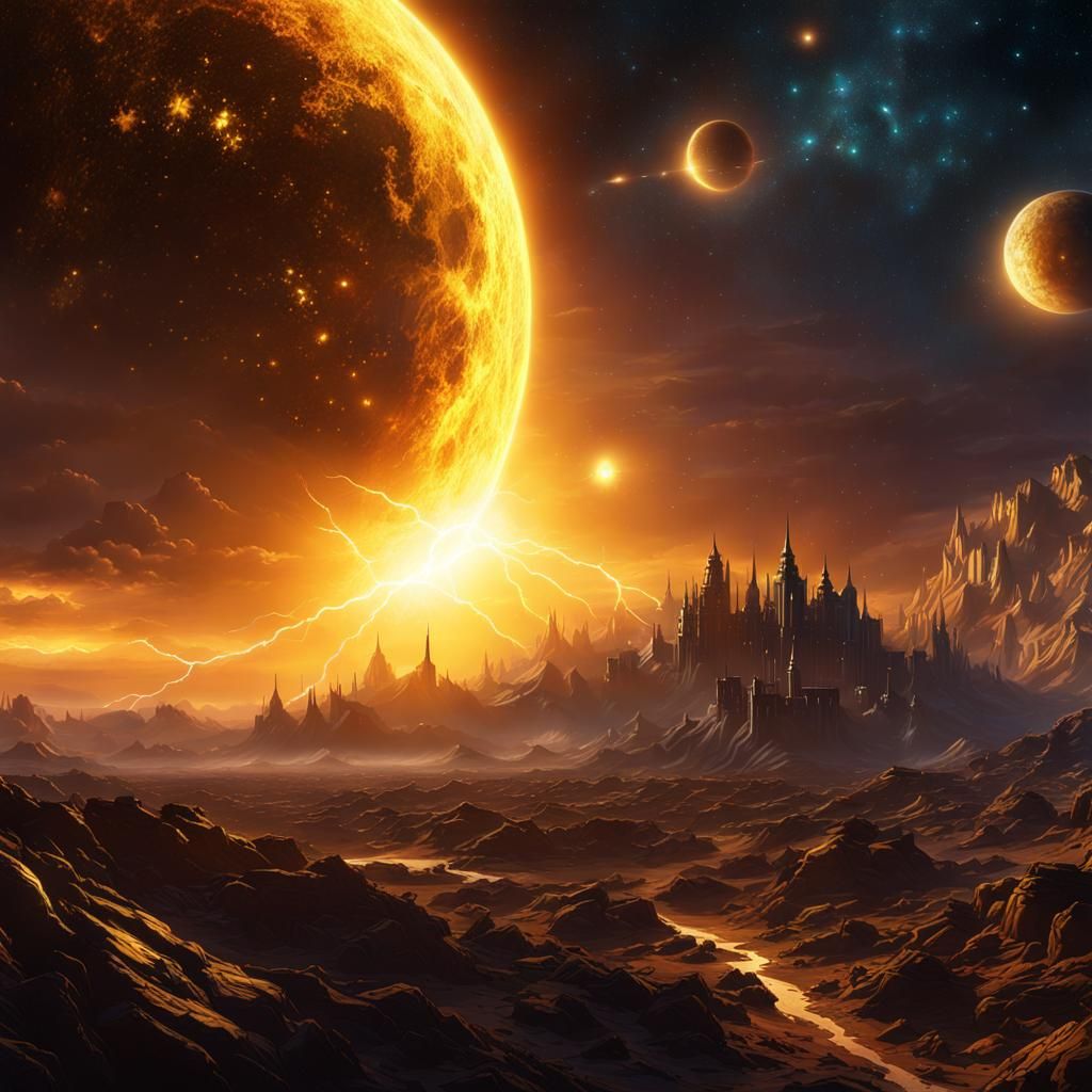 A golden sun brightening a cosmos full of stars. Warhammer 40K style ...