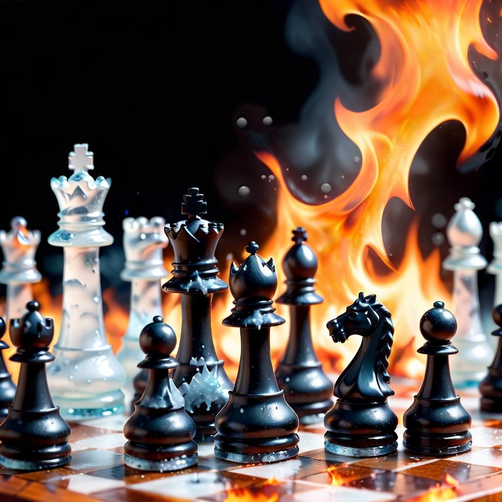 Chess board with all black figures on fire and all white figures ...
