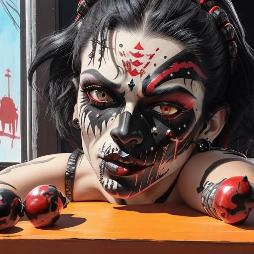 Intricate and gritty and eye catching 3D oil and watercolor painting of the face of a muscled ...