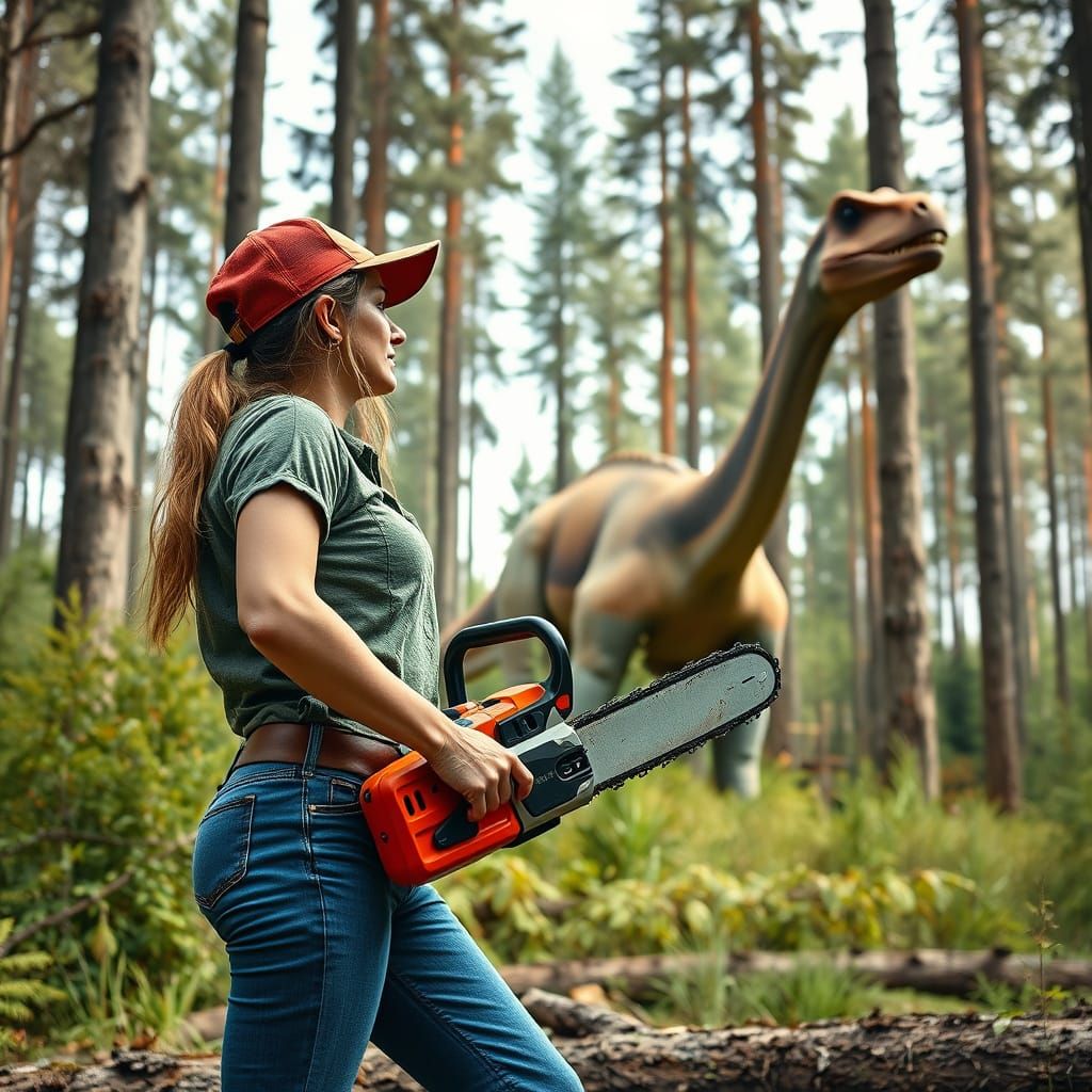 Female Logger Stands Before Towering Trees and Pre... - AI Art