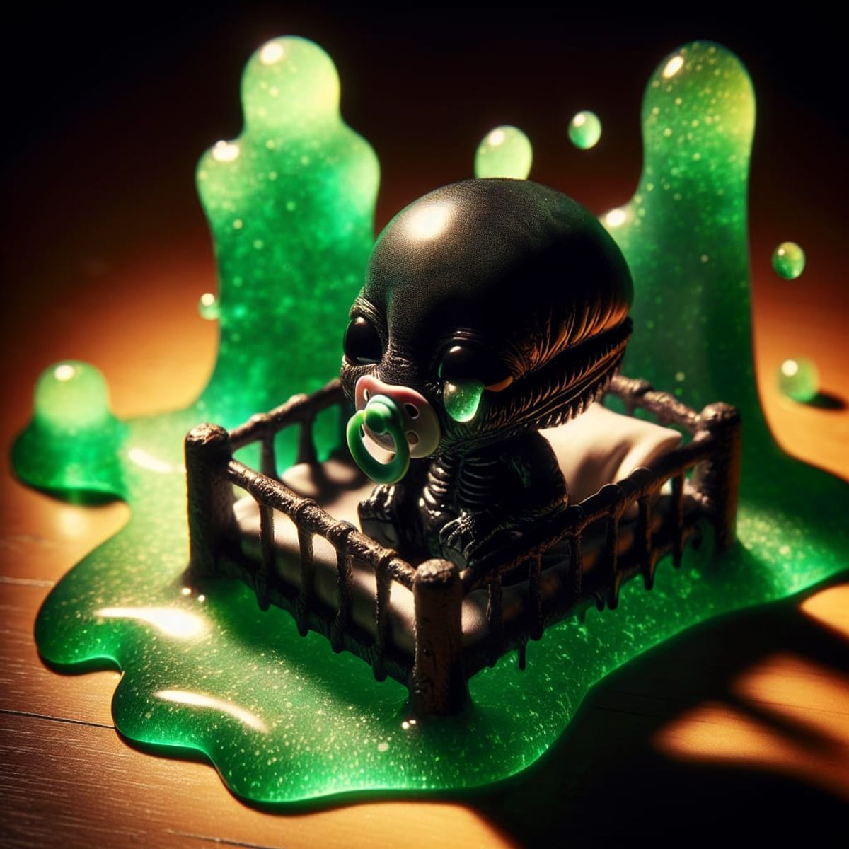 a cute adorable black alien xenomorph with pacifier crying in a tiny ...