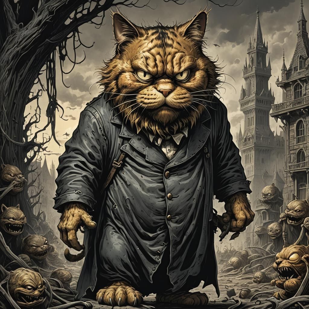Elongated Garfield - Cyberpunk Garfield in Dark Horror Art