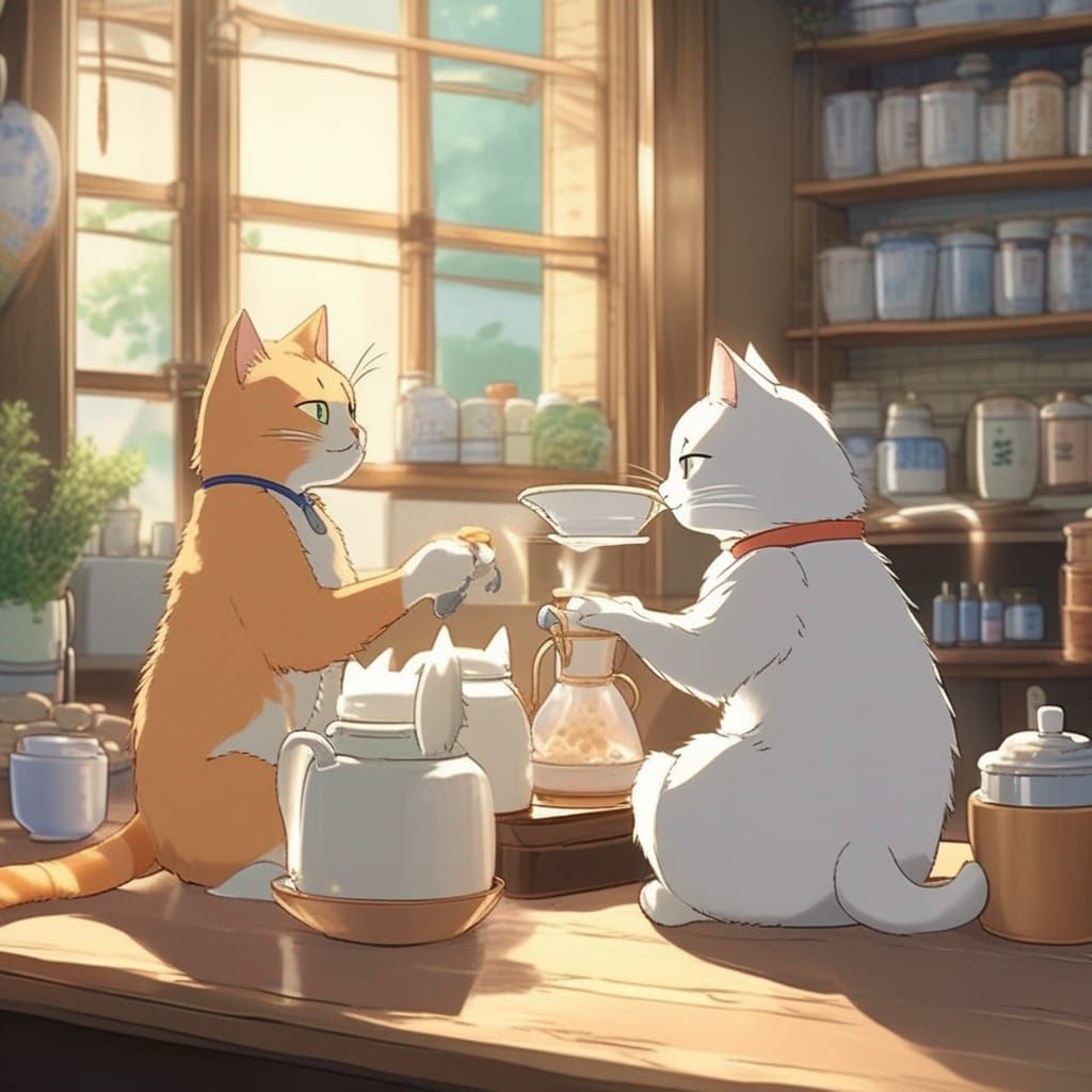 A cat barista serving milk to other cats. Studio Ghibli, Anime Key ...