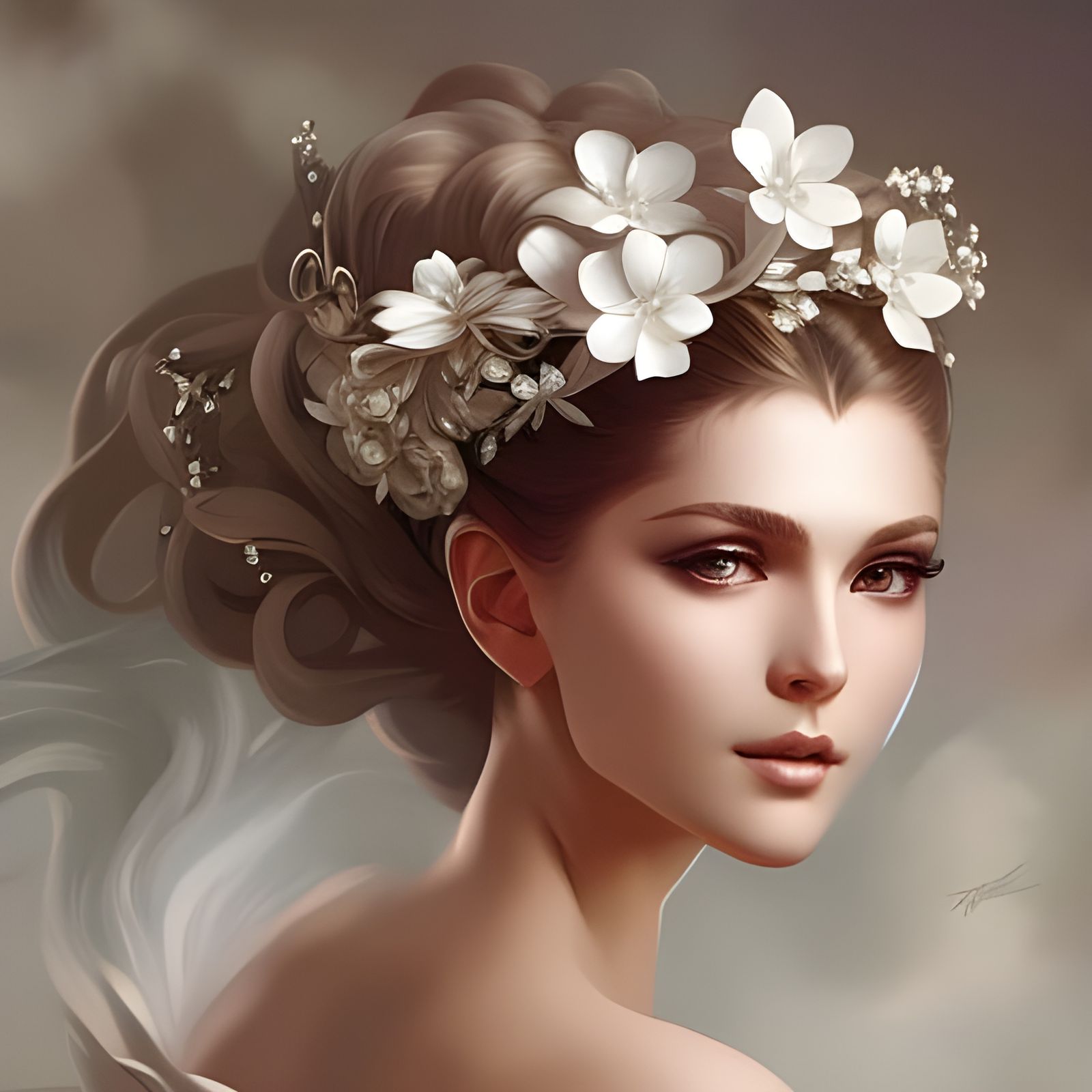 gorgeous girl with white flowers weaved into her hair updo - AI ...