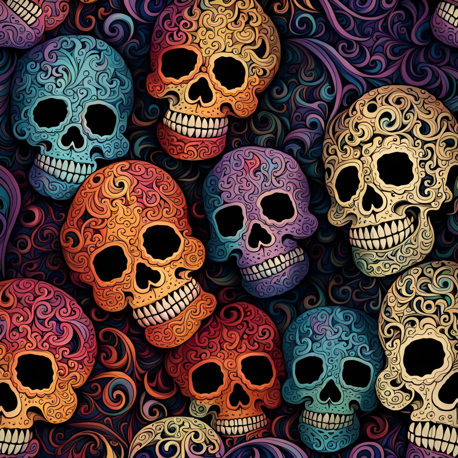 Incricate bight colorfully lace and skulls repeating paisley pattern ...