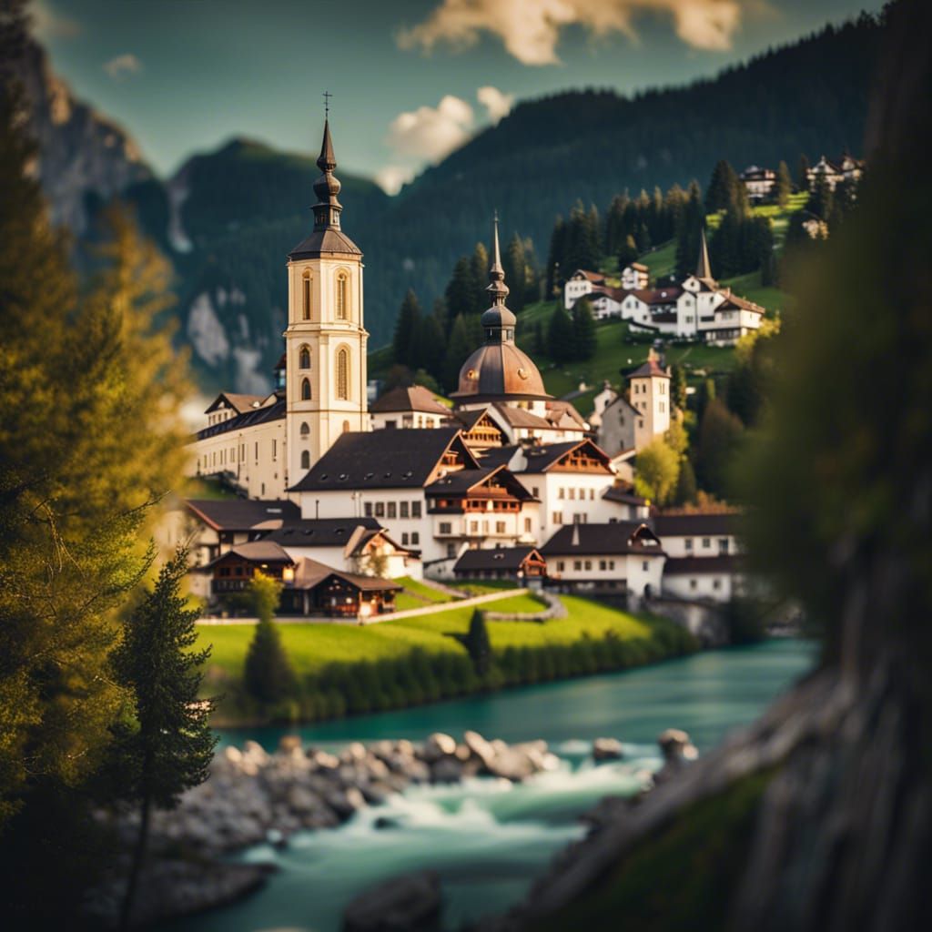 An Austrian alpine village with a church, a river, a schloss and hotels ...