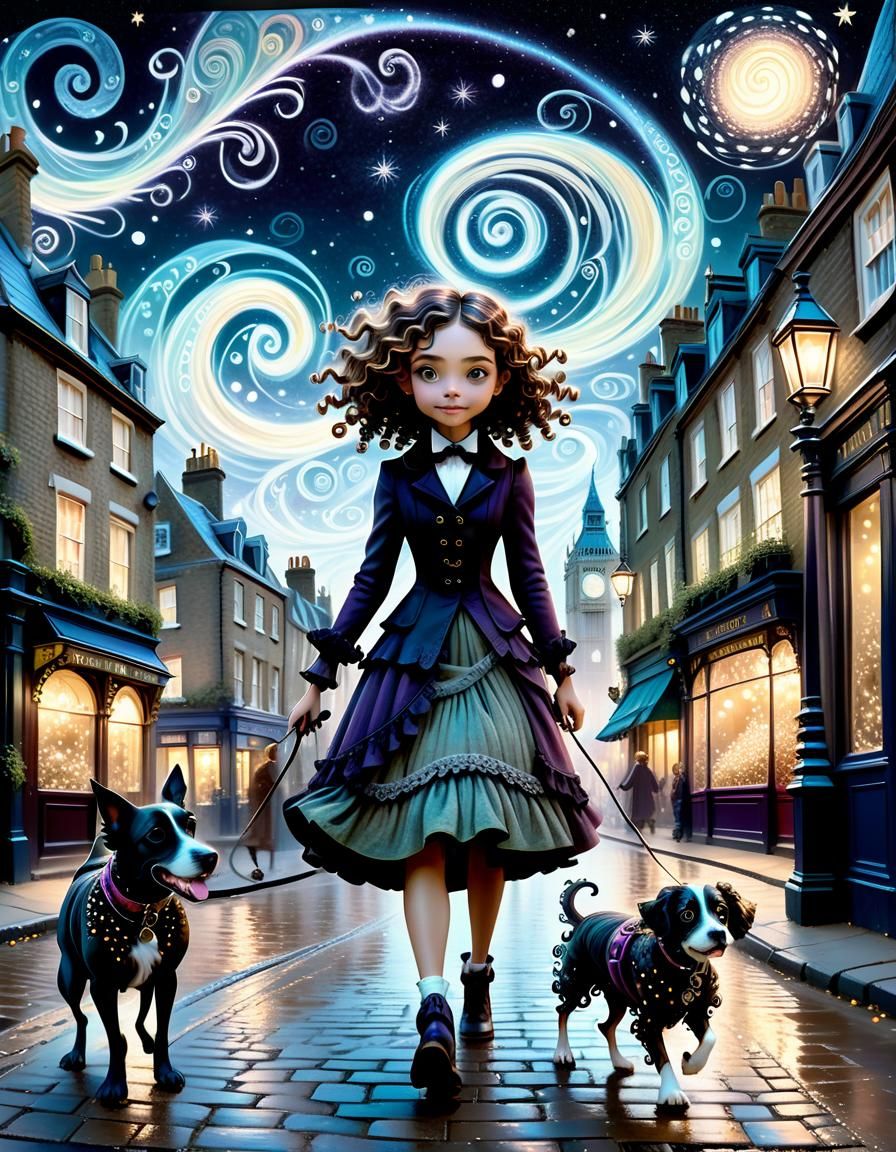 adorable cute girl, walking a dog in a whimsical victorian town ...