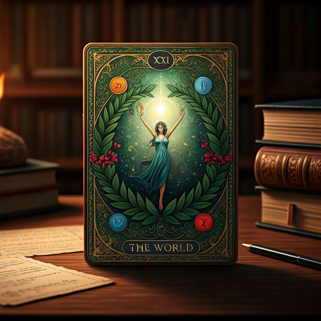 Tarot card on library desk. The World card, numbered XXI in the Tarot ...