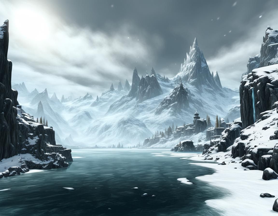 Skyrim college of Winterhold snowy shining day winter ice wind ...