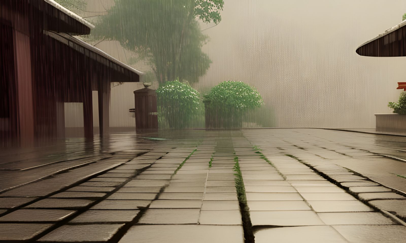 Pouring Rain in a dojo courtyard with trees and hedges. - AI Generated ...