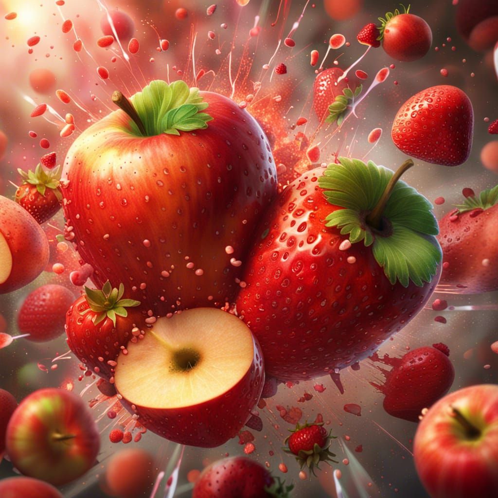 the shot of a Apple, Strawberry exploding dramatically, cover art ...