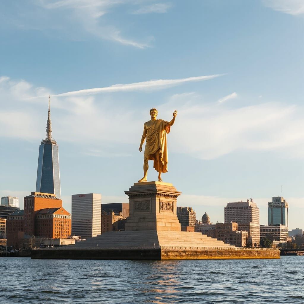 Golden Colossus Over Philly Harbor - AI Art